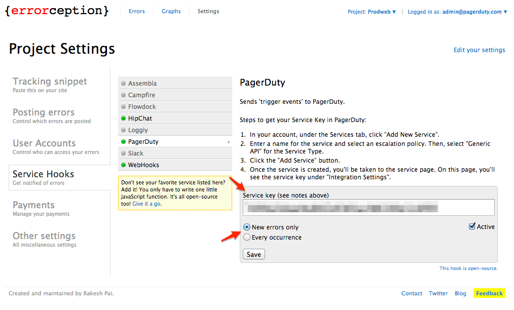 Errorception-Integrationshandbuch | PagerDuty
